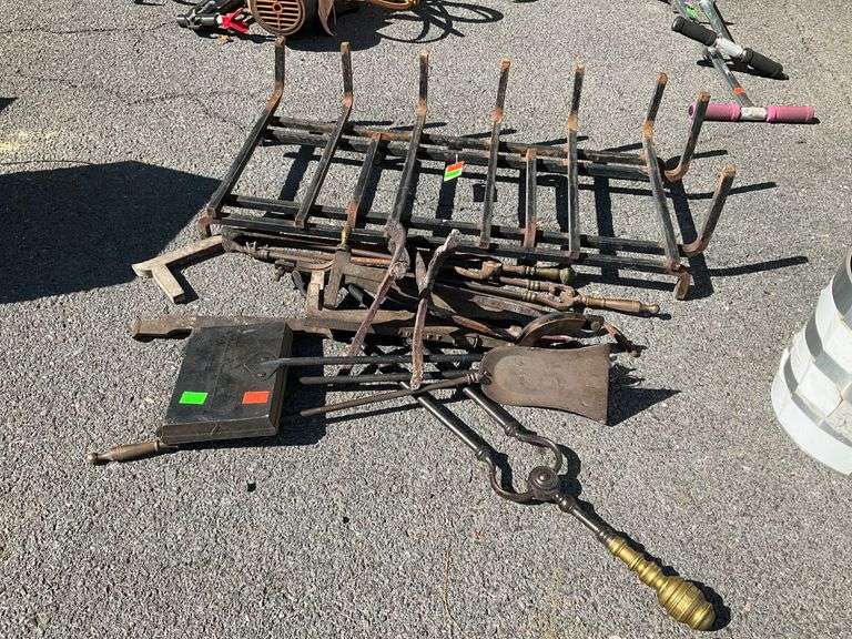 Metal Fireplace Log Rack with Assorted Tools and Brass Detailing - Hash ...