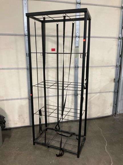 Black Metal Display Rack with Open Wire Shelving and Strap Details ...