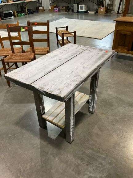 Rustic Pine Table with Distressed Finish and Lower Shelf - Hash Auctions