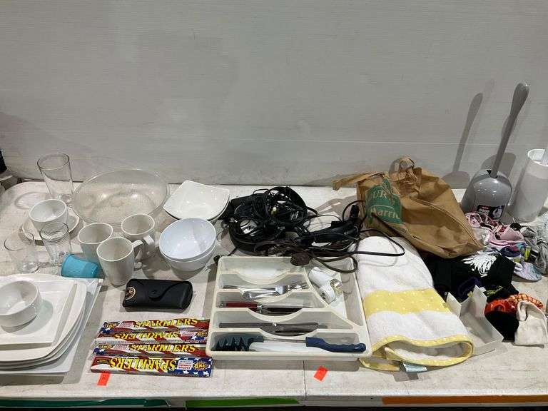 Assorted Household Items Including Dinnerware, Flatware, Textiles, and ...