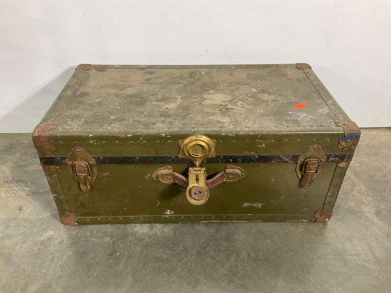 Green Metal Storage Trunk with Brass Hardware and Vulcanized Fiber ...