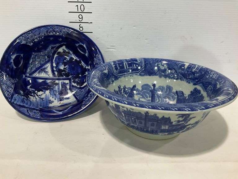 Blue And White Transferware Bowl And Dish Set With Scenic Motifs - Hash ...