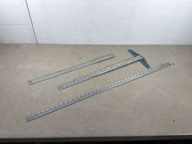 Set of Metal Measuring Rulers and T-Square, One with Conversion Tables ...