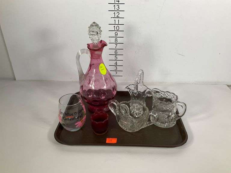 Glassware Including Pink Decanter, Etched Glass, and Clear Pieces ...