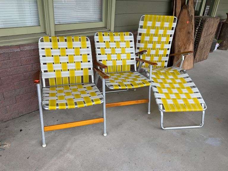 Two Webbed Folding Chairs and One Webbed Chaise Lounge with Aluminum ...