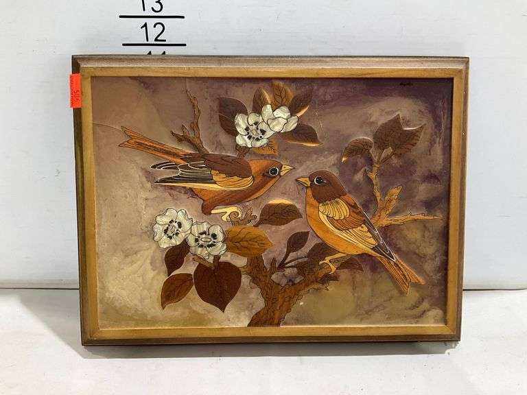 Marquetry Artwork Depicting Birds on a Branch, 15 x 11 Inches - Hash ...