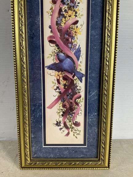 Framed Vertical Print of Blue Birds, Pink Ribbons, and Floral Motif ...