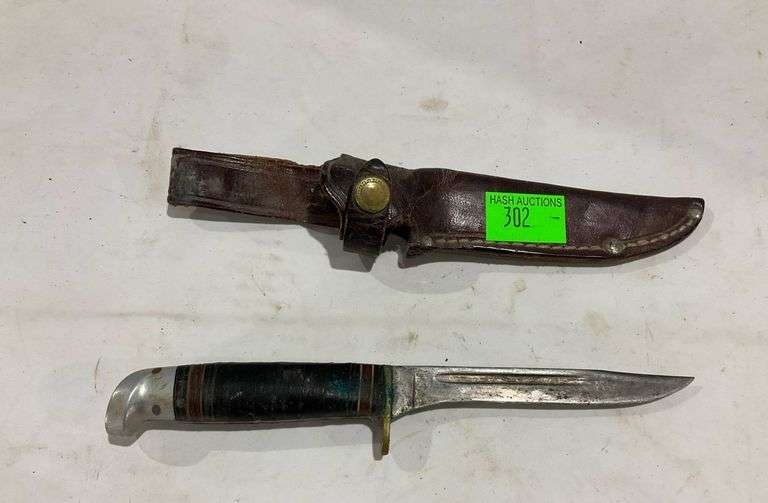 Western Fixed-Blade Knife with Leather Sheath - Hash Auctions