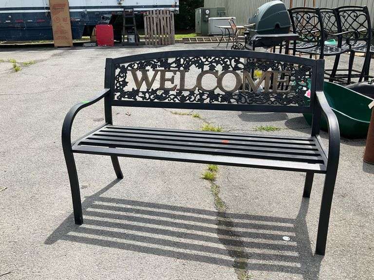 Black Aluminum Outdoor Bench with ‘Welcome’ Backrest Design, 48-Inch ...