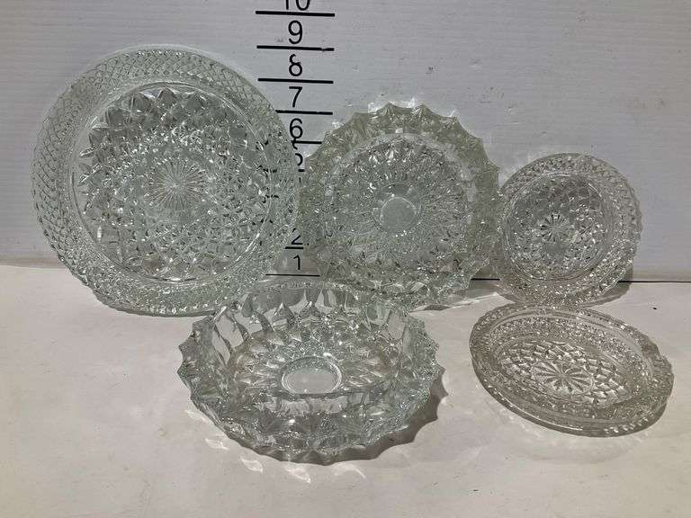 Set of Five Pressed Glass Ashtrays with Geometric Patterns - Hash Auctions
