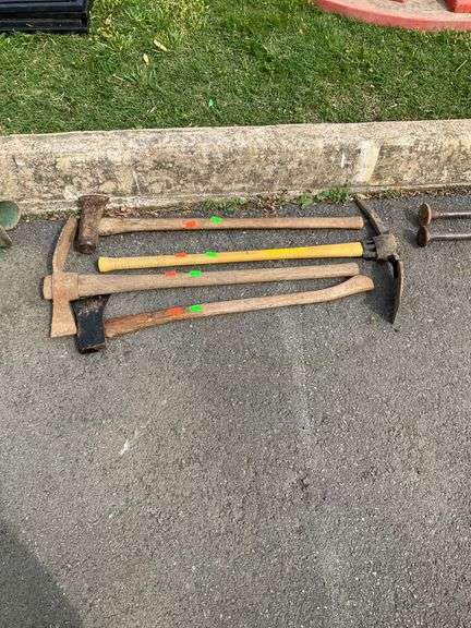 Lot of Mattocks and Two Axes with Wooden Handles - Hash Auctions