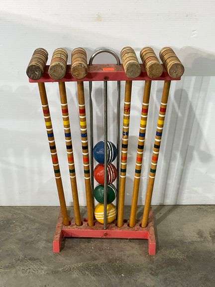 Croquet Set with Wooden Mallets, Balls, and Painted Stand - Hash Auctions