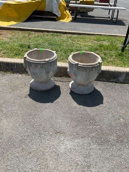 Pair of Cement Planters with Grape Accents and Round Bases - Hash Auctions