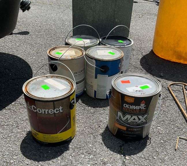 Six Assorted Paint Cans with Varying Colors and Quantities - Hash Auctions