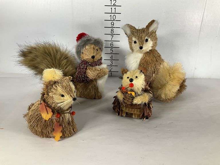 Set of Four Straw and Fiber Animal Figurines Featuring a Fox, Squirrels ...