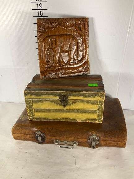 Two Decorative Wooden Boxes and Carved Elephant Plaque - Hash Auctions