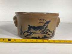 Stoneware Crock with Blue Deer Motif and Mirro Aluminum Pot with Wooden ...