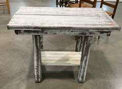 Rustic Pine Table with Distressed Finish and Lower Shelf - Hash Auctions
