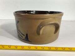 Stoneware Crock with Blue Deer Motif and Mirro Aluminum Pot with Wooden ...