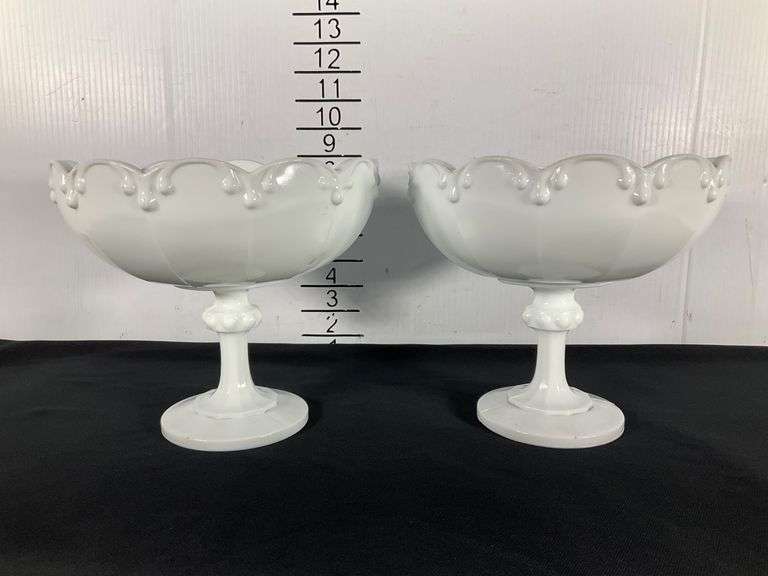 White Glass Compote Bowls with Scalloped and Beaded Edges on Pedestal ...