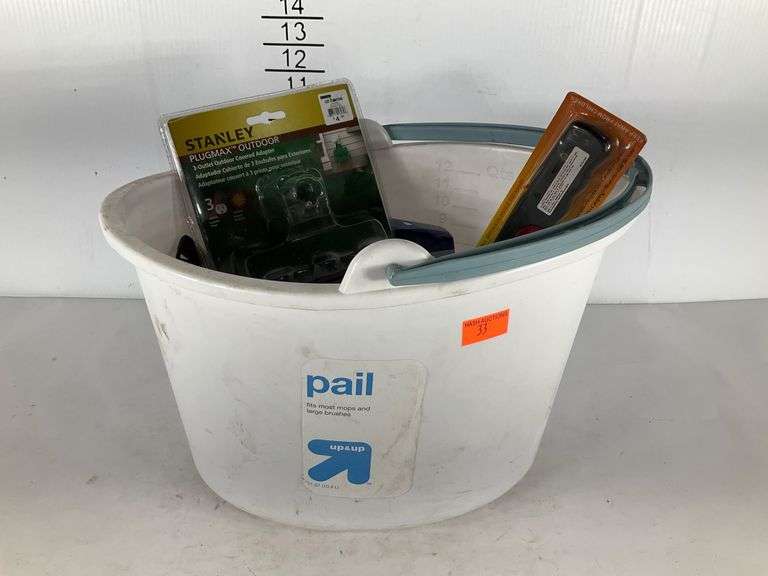 Plastic Pail with Assorted Tools, Hardware, and Fasteners - Hash Auctions