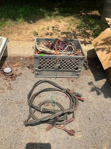 Plastic Crate Containing Assorted Wires, Jumper Cables, and Extension ...