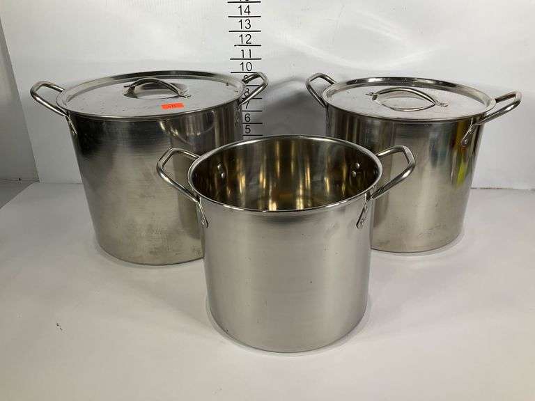 Three Stainless Steel Stock Pots with Two Lids - Hash Auctions