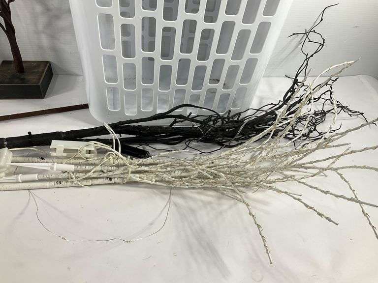 Decorative Faux Branches, Wire Frame Sculpture, and Plastic Basket Set ...