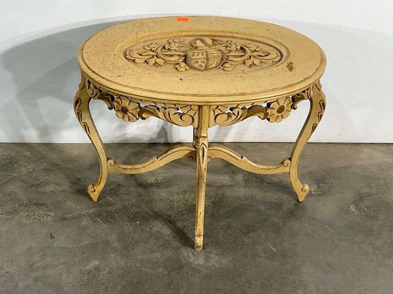 Oval Cream-Finished Accent Table with Relief Carving and Shaped Legs ...