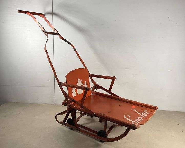 Red Metal and Wood Sno-Ler Snow Sled Push Stroller Toboggan - Hash Auctions