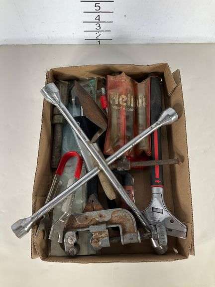 Box Lot of Assorted Tools Including Tube Cutter and Lug Wrench - Hash ...