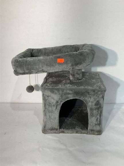 Gray Plush Two-Level Cat Tower with Scratching Post and Toy - Hash Auctions