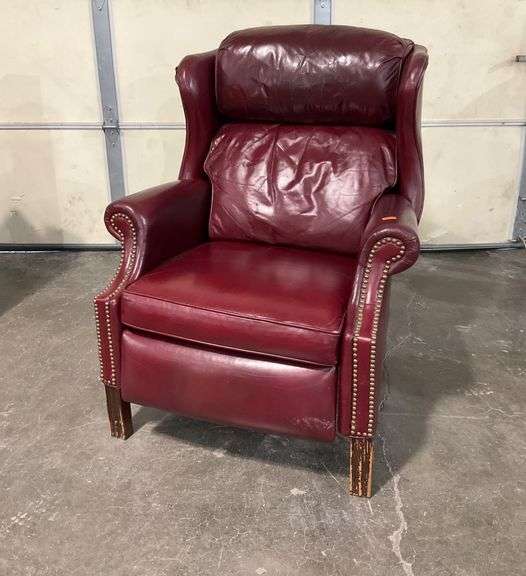 Red Leather Recliner With Nailhead Trim and Wingback Design - Hash Auctions