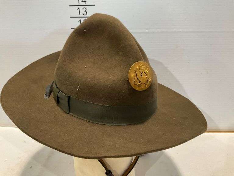 Brown Felt Campaign Hat with U.S. Army Insignia and Leather Chin Strap ...