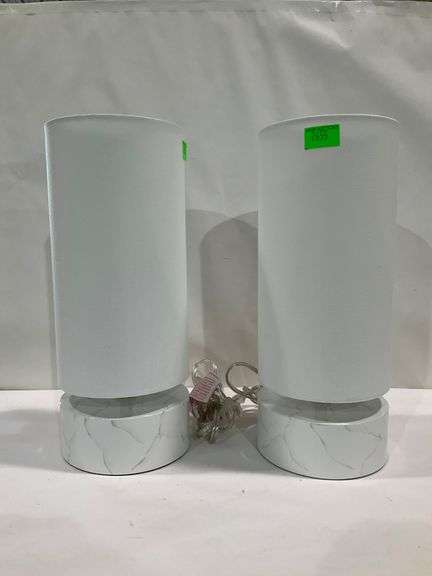 White Cylinder Table Lamps with Marble-Style Base and Fabric Shades ...
