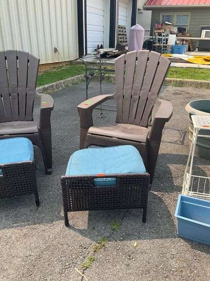 Plastic Slatted Patio Chairs and Wicker Ottomans with Cushions - Hash ...