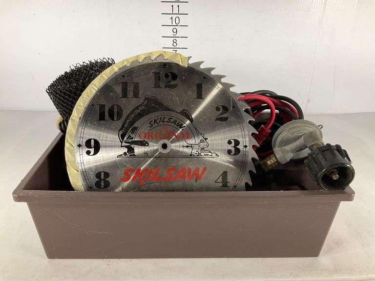 Skilsaw Clock, Jumper Cables, Regulator, and Tools in Storage Bin ...