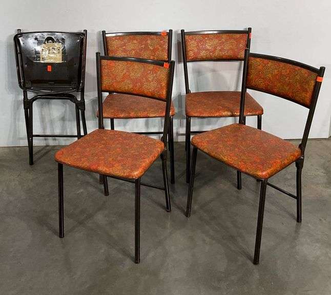 5 Vintage Metal Folding Chairs with Orange Patterned Upholstery - Hash ...