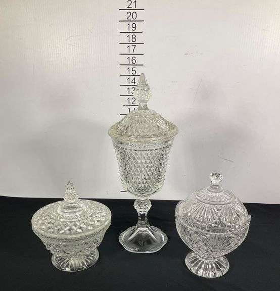 Three Lidded Cut Glass Containers Including Indiana Glass Diamond Point ...