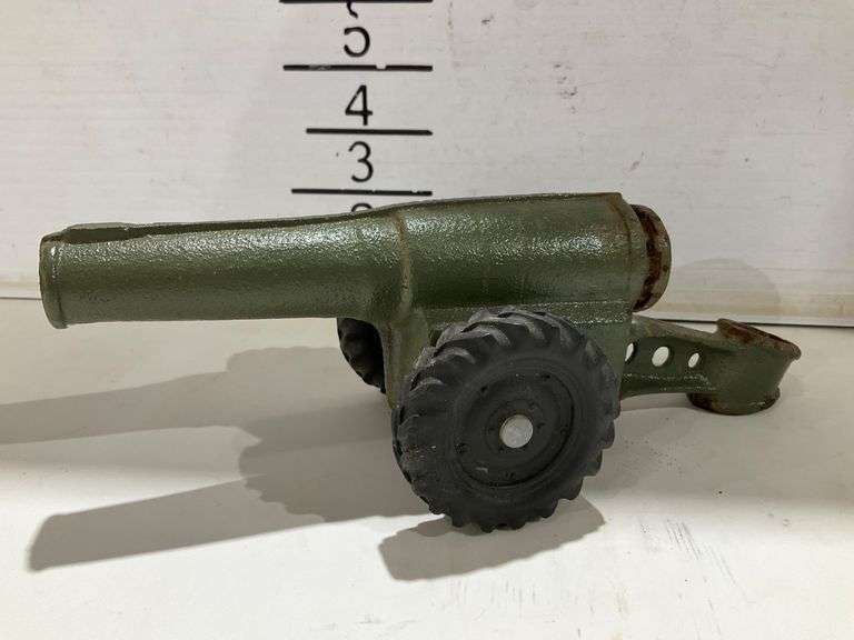 Cast Metal Toy Cannon with Rotating Wheels, Green Finish - Hash Auctions