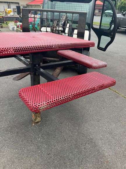 Rotating Outdoor Metal Picnic Table With Red and Tan Seats, 47″H - Hash ...