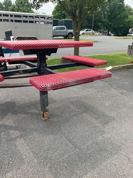 Rotating Outdoor Metal Picnic Table With Red and Tan Seats, 47″H - Hash ...