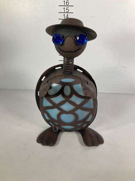 Metal Turtle Figurine with Hat and Blue Accents - Hash Auctions