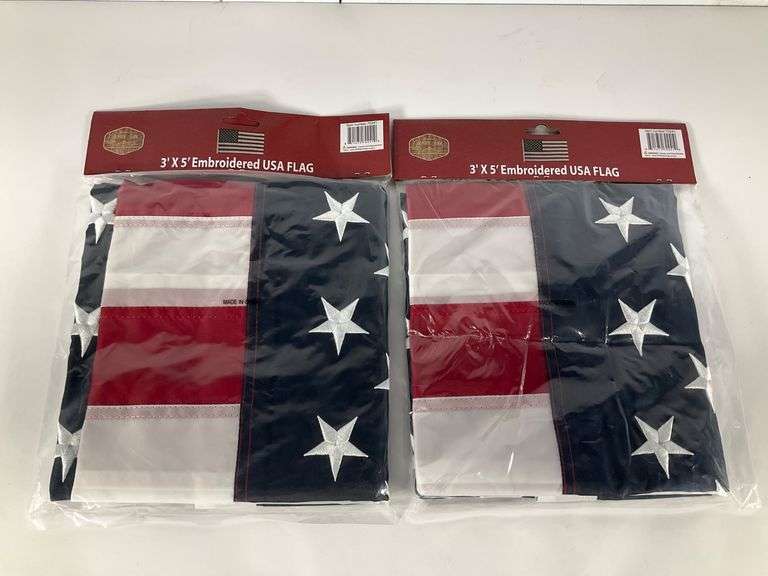 Two 3′ x 5′ Embroidered USA Flags in Original Packaging - Hash Auctions