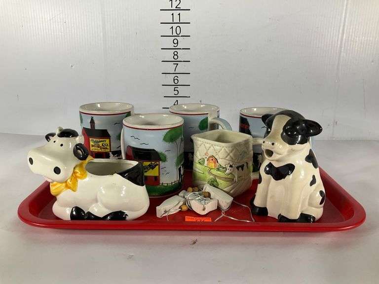 Farm-Themed Ceramic Cow Figurines, Creamer, and Farm Scene Coffee Mugs ...