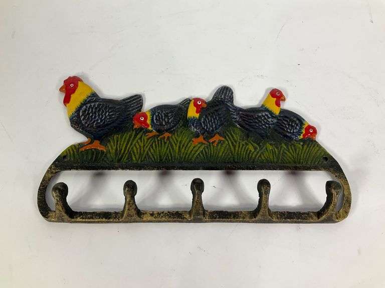 Cast Iron Wall-Mounted Hook Rack with Painted Chicken Design - Hash ...