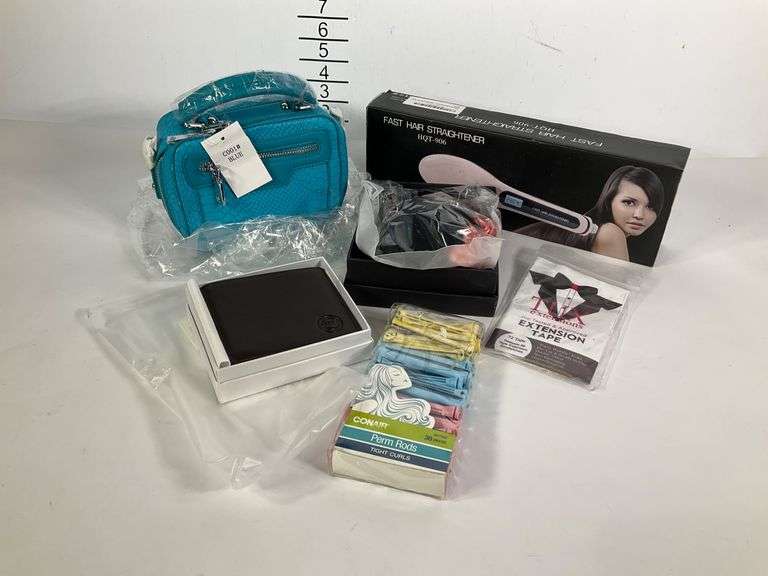 Lot: Blue Crossbody Bag, Hair Straightener, Wallet, Drawstring ...