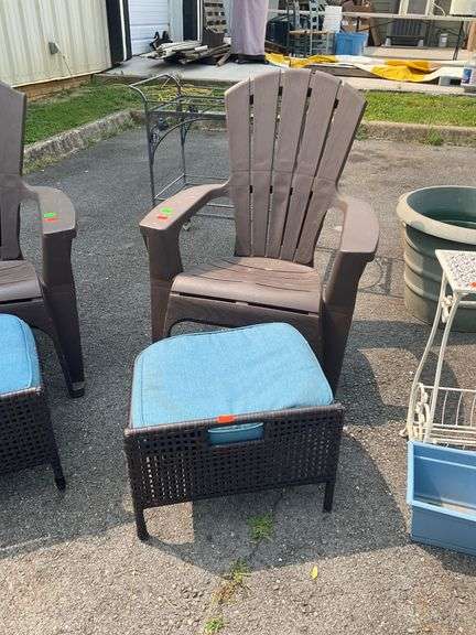 Plastic Slatted Patio Chairs and Wicker Ottomans with Cushions - Hash ...
