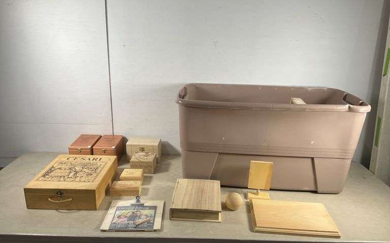 Wooden Boxes and Craft Items in Plastic Storage Bin - Hash Auctions