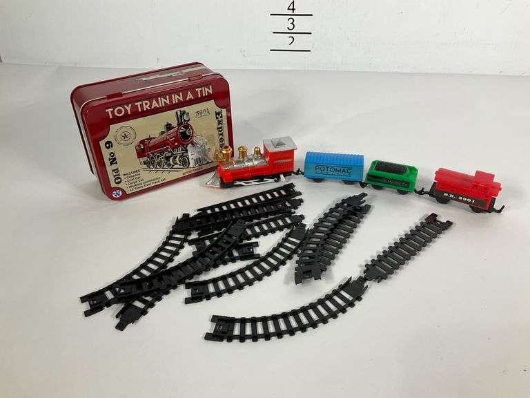 Battery-Powered Toy Train in a Tin with Track and Cars - Hash Auctions
